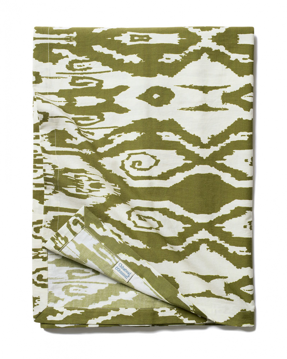 Cotton Table Cloth Ikat Madras - Cactus Green/Off White | Shop now